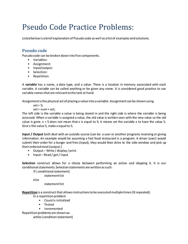Pseudo code practice problems+ c basics | DOCX