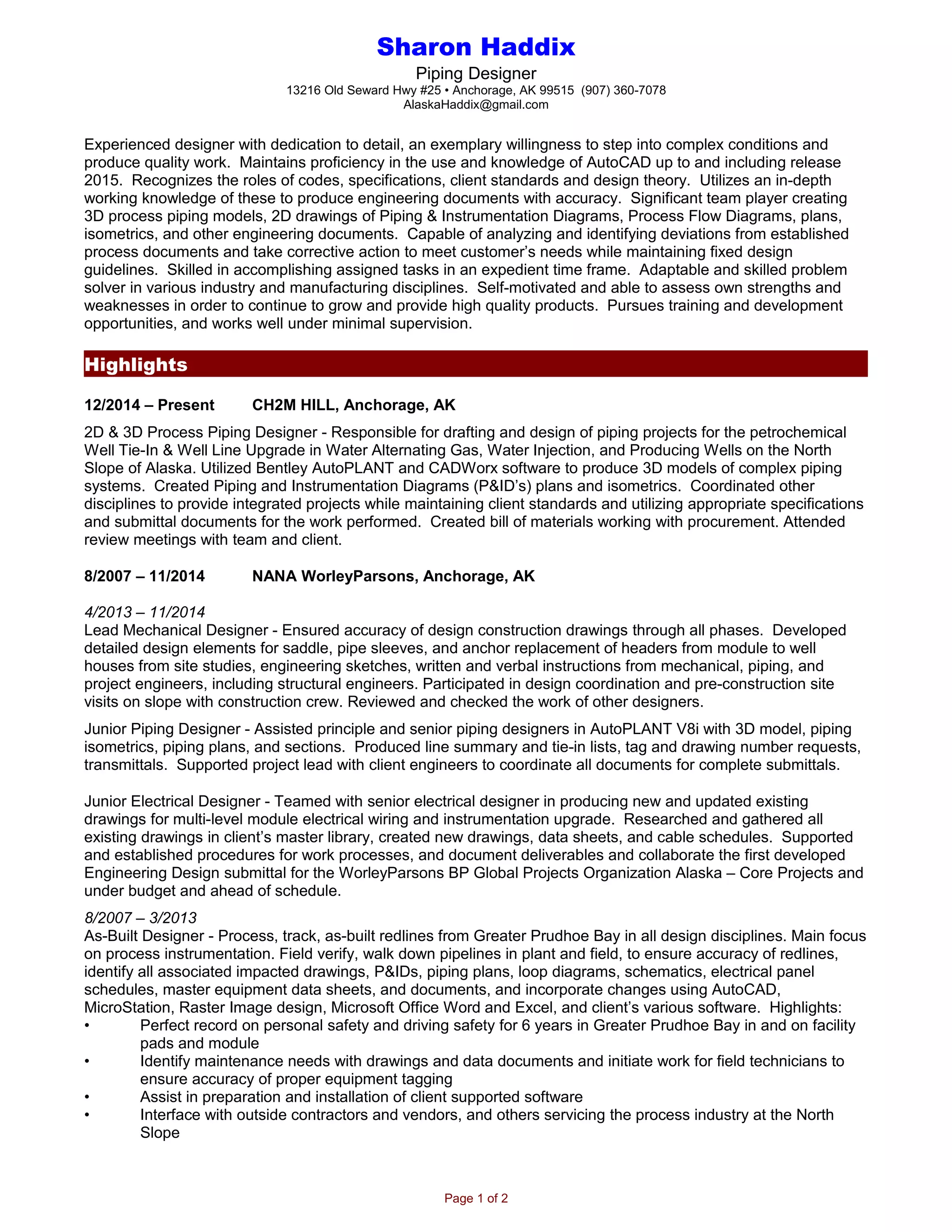 PipingDesigner Sharon Haddix Resume | DOC