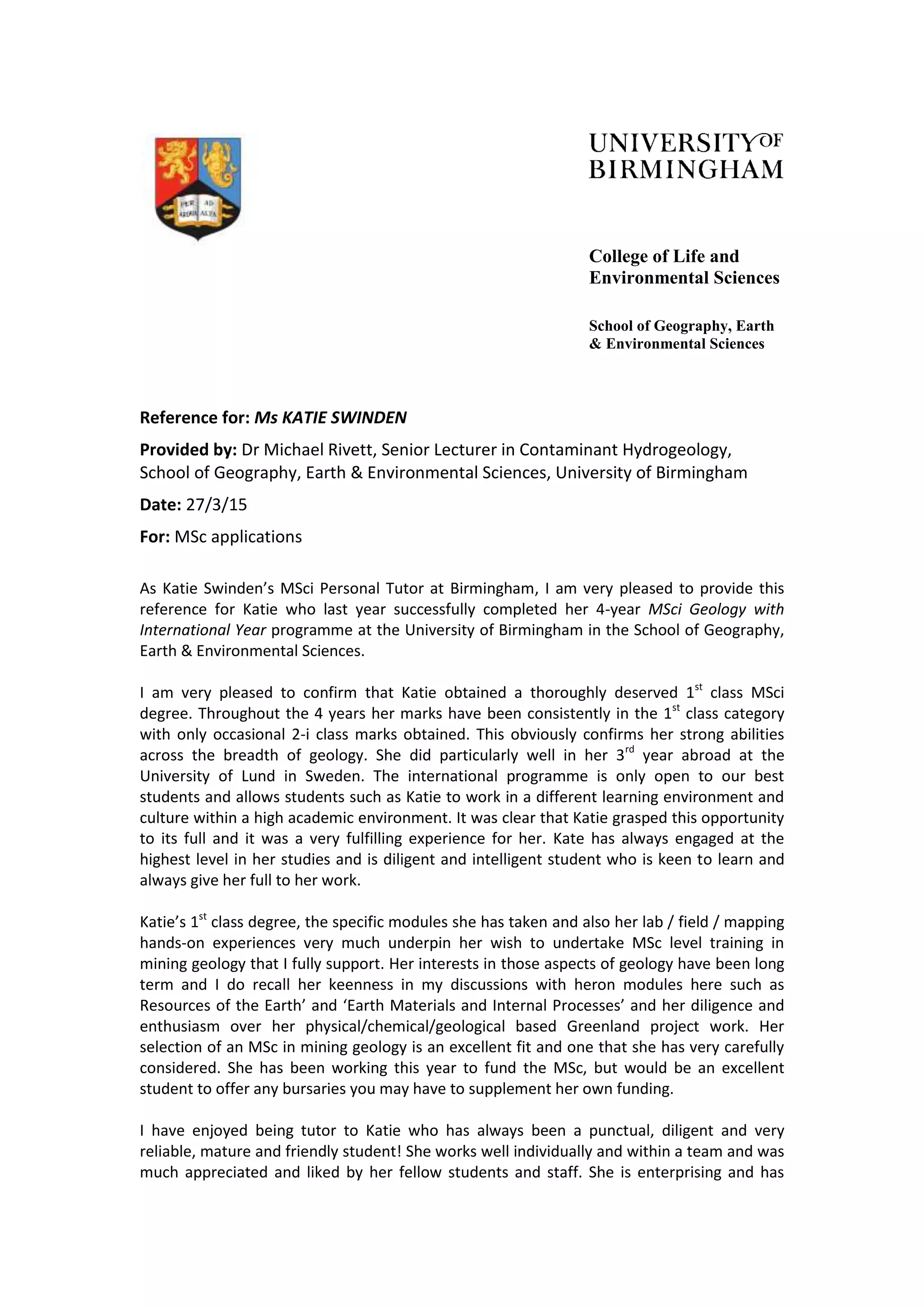 Reference for Katie Swinden by Rivett 27-3-15 | PDF