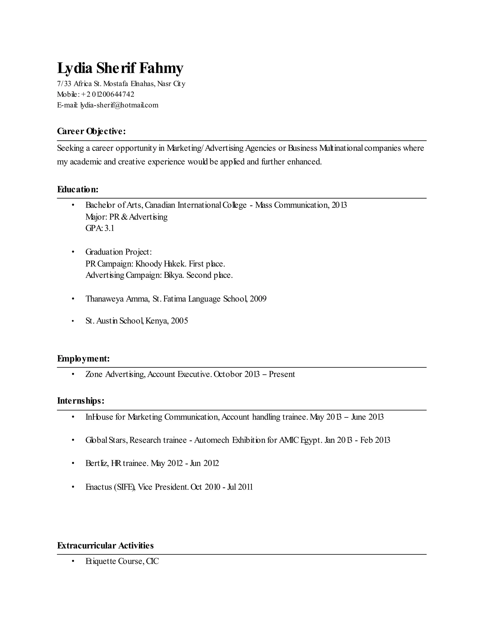 Lydia Sherif CV1 | PDF