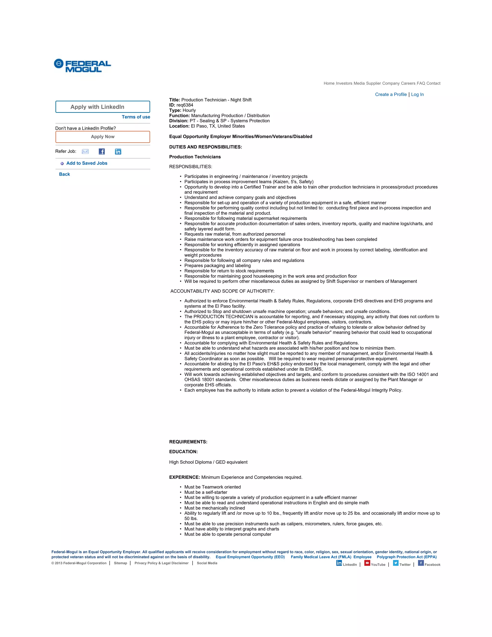 Federal Mogul--PT Job Description | PDF