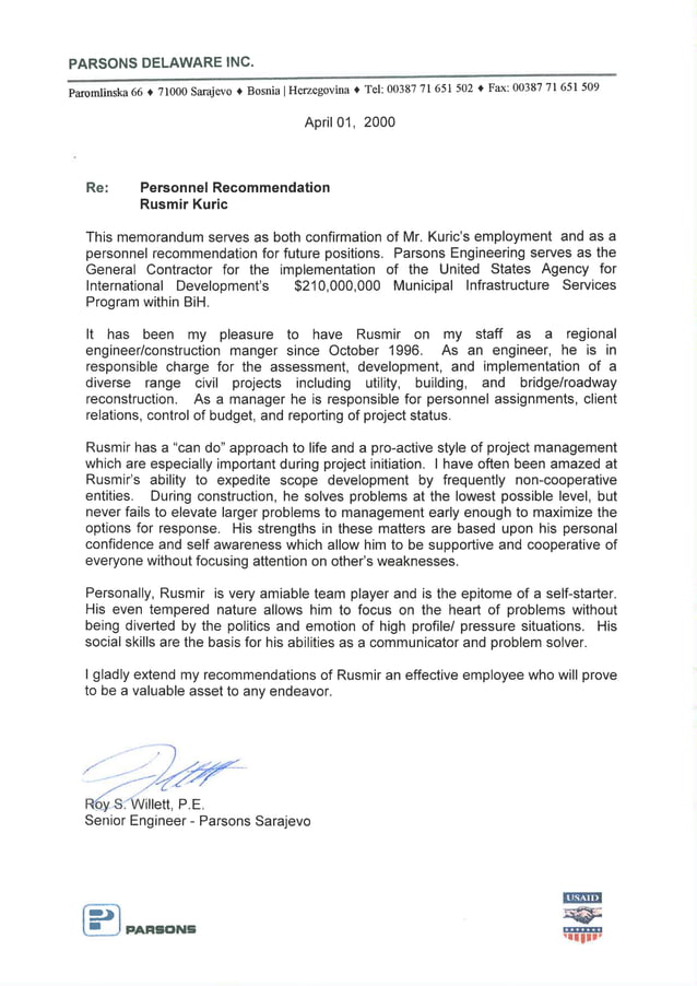 Recommendation Letter PARSONS Senior Regional Engineer RW | PDF