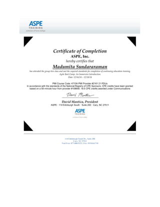 Certificate of Completion_ASPE_Agile Training_Madumita Sundararaman | PDF