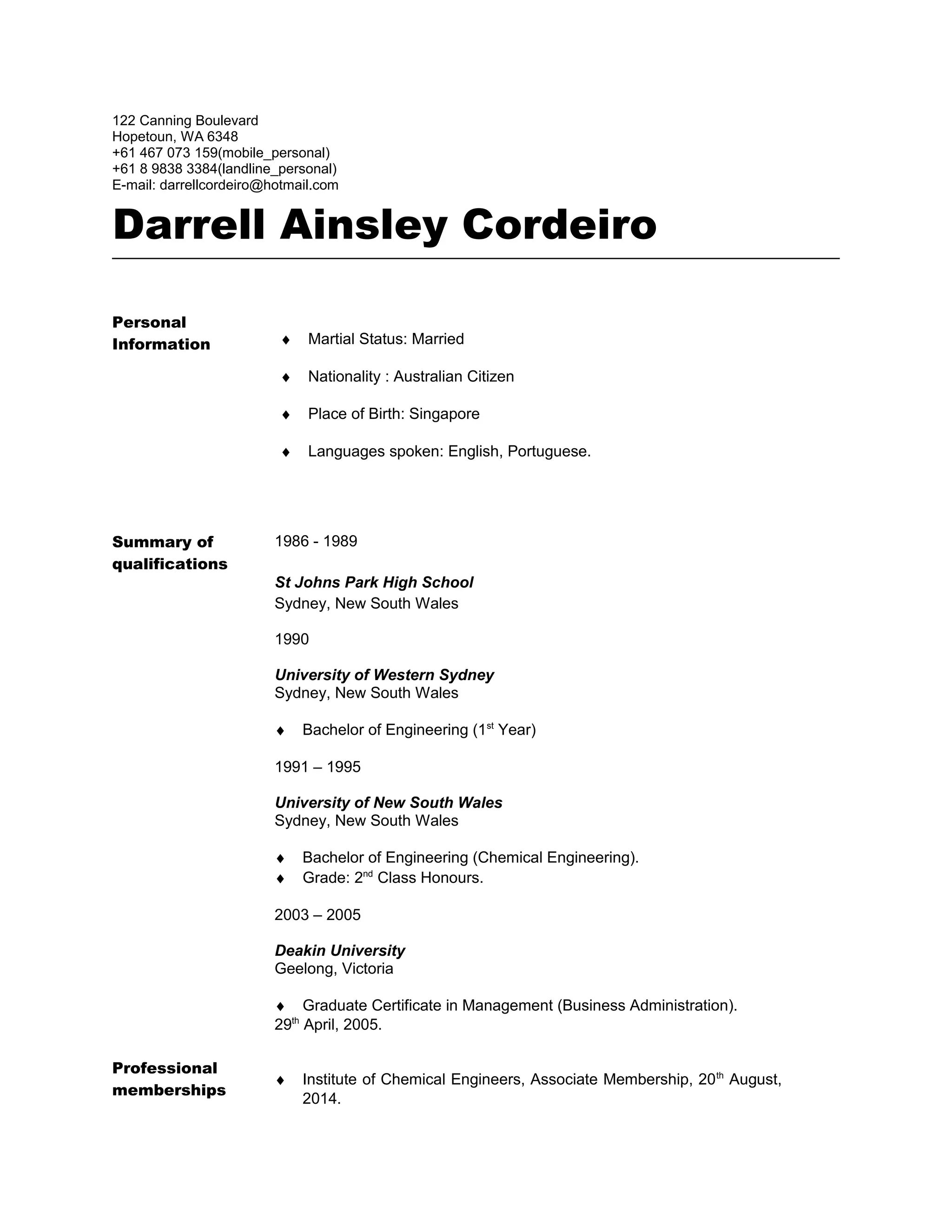 Personal Resume of Darrell CordeiroV3 | PDF