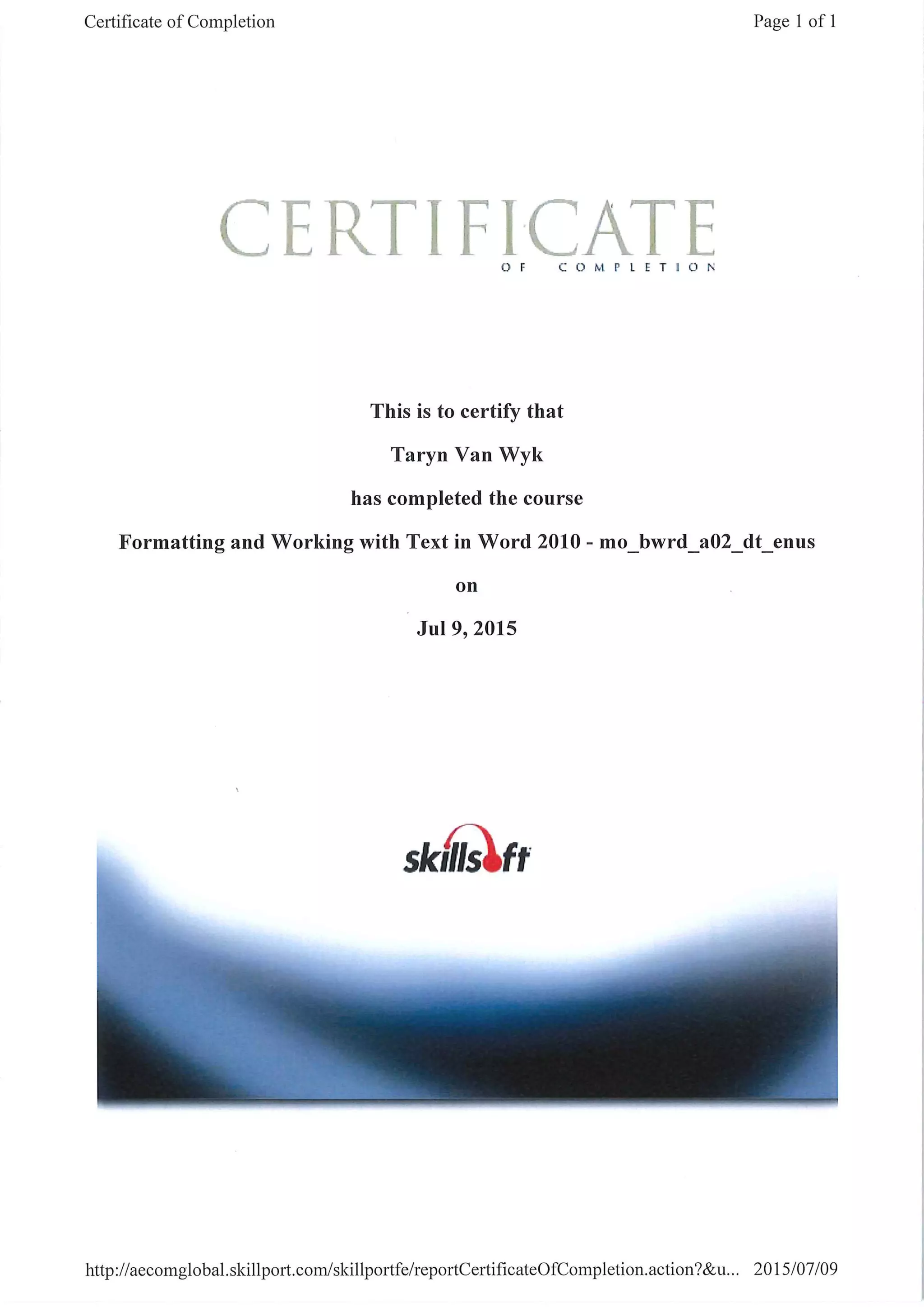 Certificate of Completion - Skillsoft - Formatting & Working with Text ...