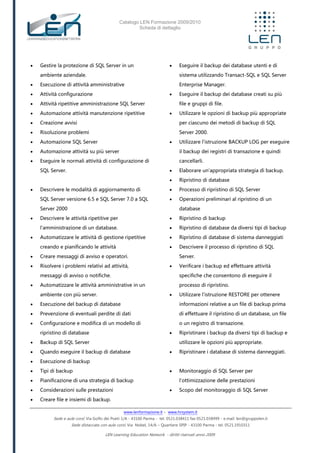 Amministrazione db microsoft sql server 2000 - Scheda corso LEN | PDF