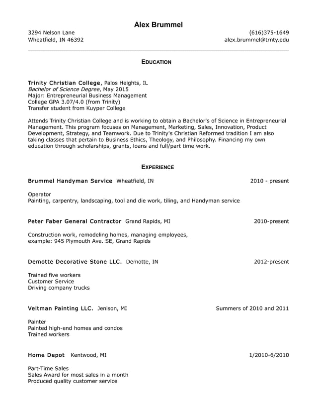 Alex Brummel Resume | RTF | College Education | Education