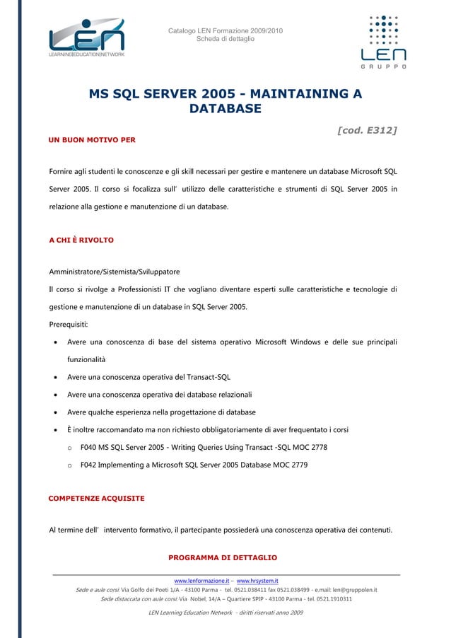 Ms sql server 2005 - Maintaining a database - Scheda corso LEN | PDF
