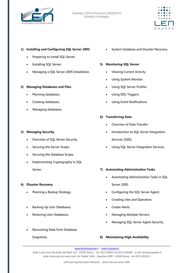 Ms sql server 2005 - Maintaining a database - Scheda corso LEN | PDF