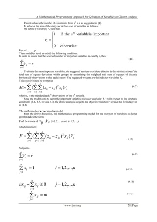 A Mathematical Programming Approach for Selection of Variables in Cluster Analysis | PDF