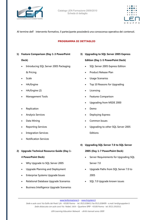 Ms sql server 2005 - Upgrading to microsoft sql server 2005 - Scheda corso LEN | PDF