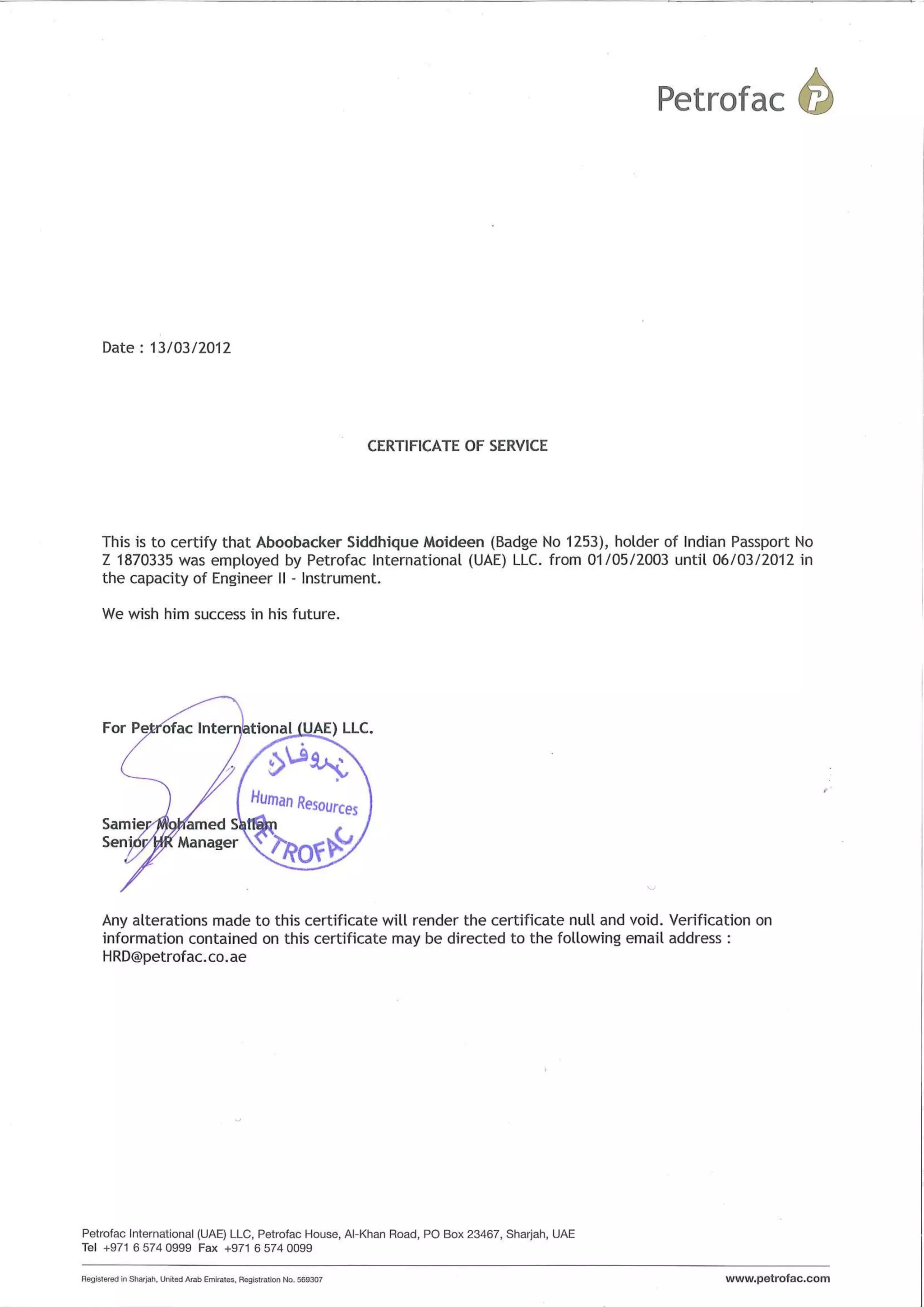PETROFAC Experience certificate 20030501 - 20120306 | PDF
