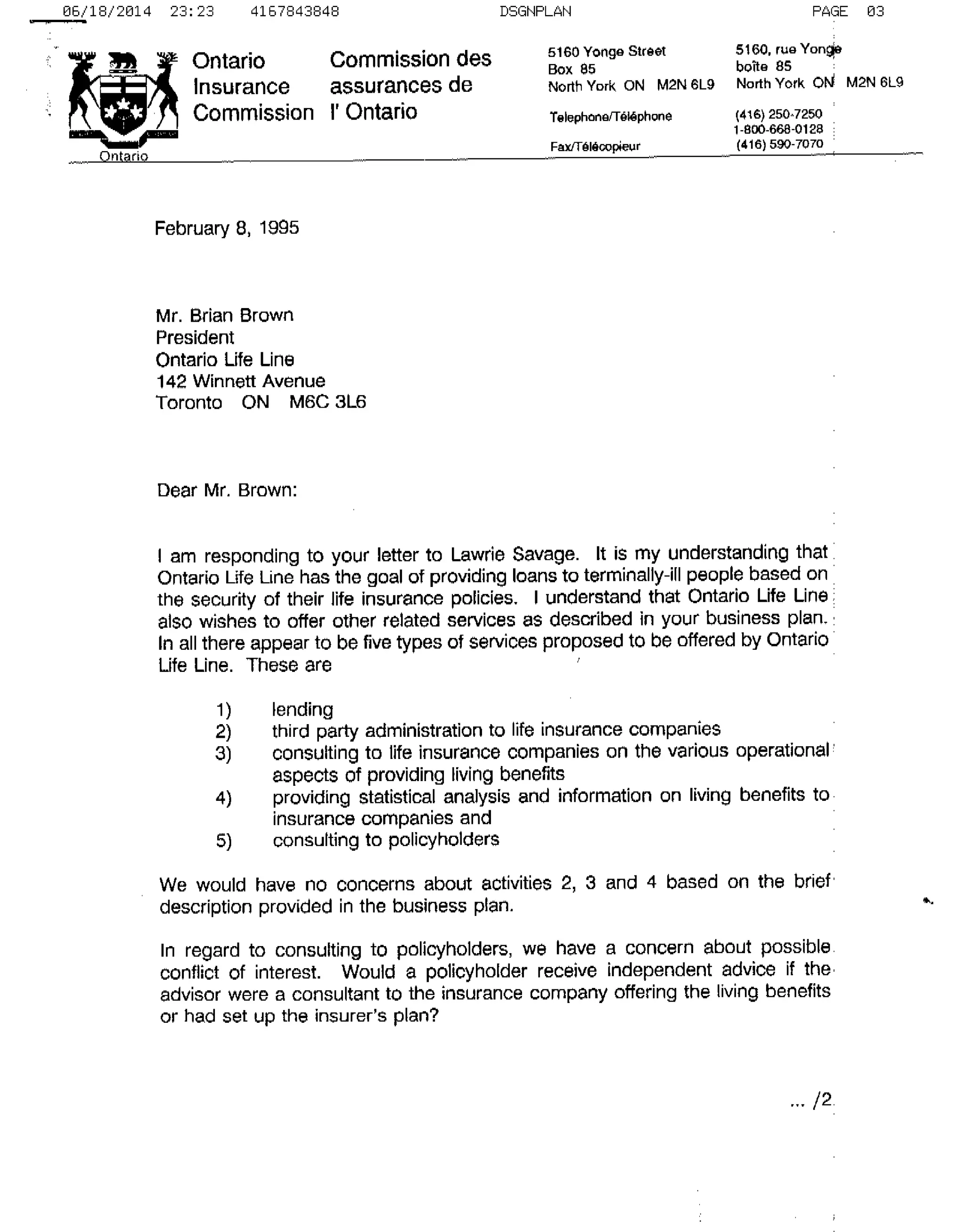 Ontario Life Line correspondence | PDF