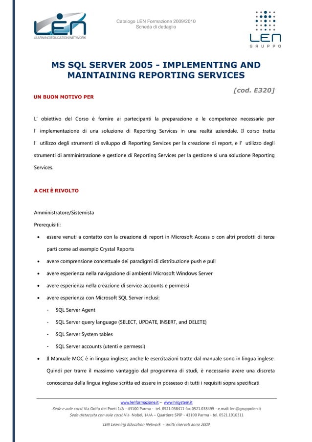 Ms sql server 2005 - Implementing and maintaining reporting services - Scheda corso LEN | PDF