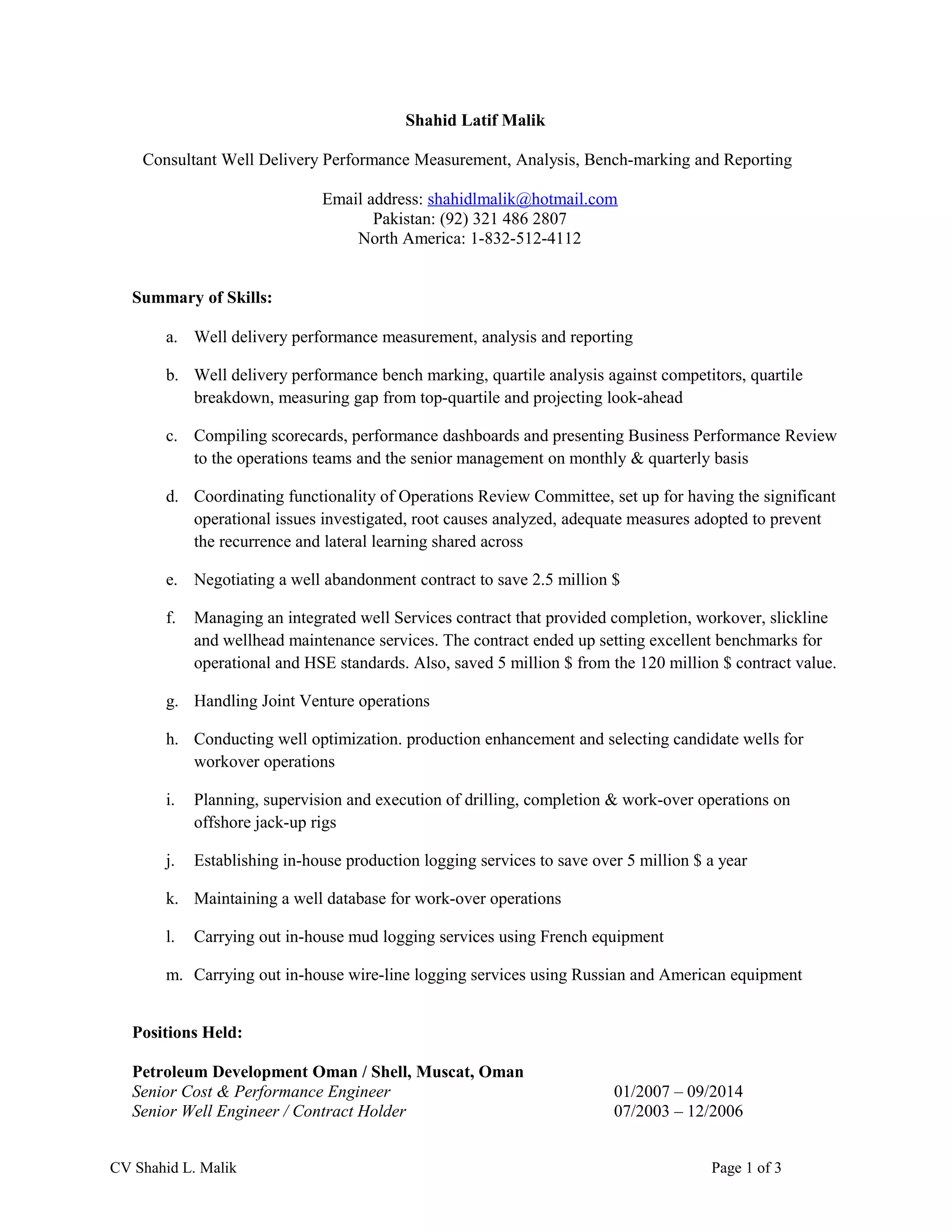 CV Shahid L. Malik, August 2015 | DOC