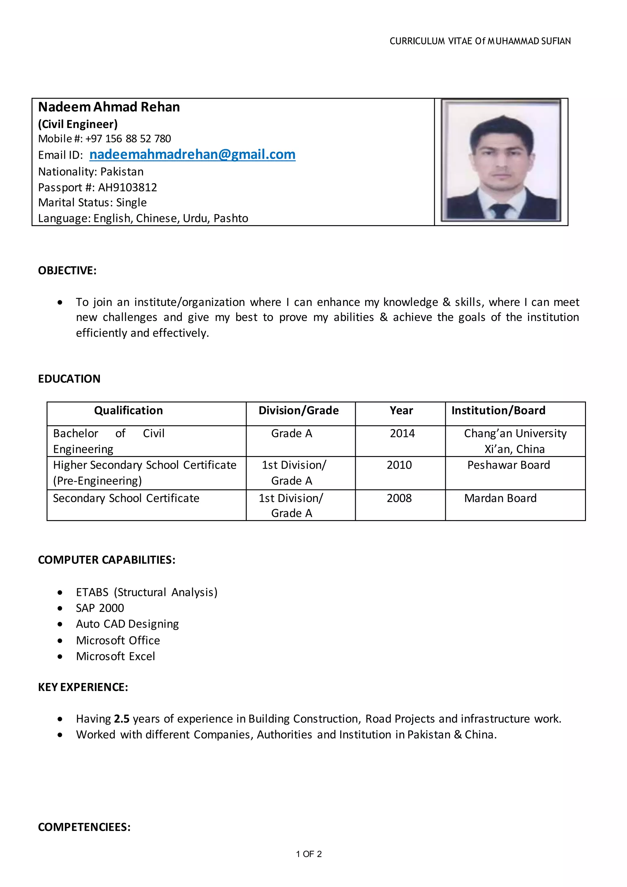 Engr Nadeem CV | DOCX | Civil Engineering Industry | Industries