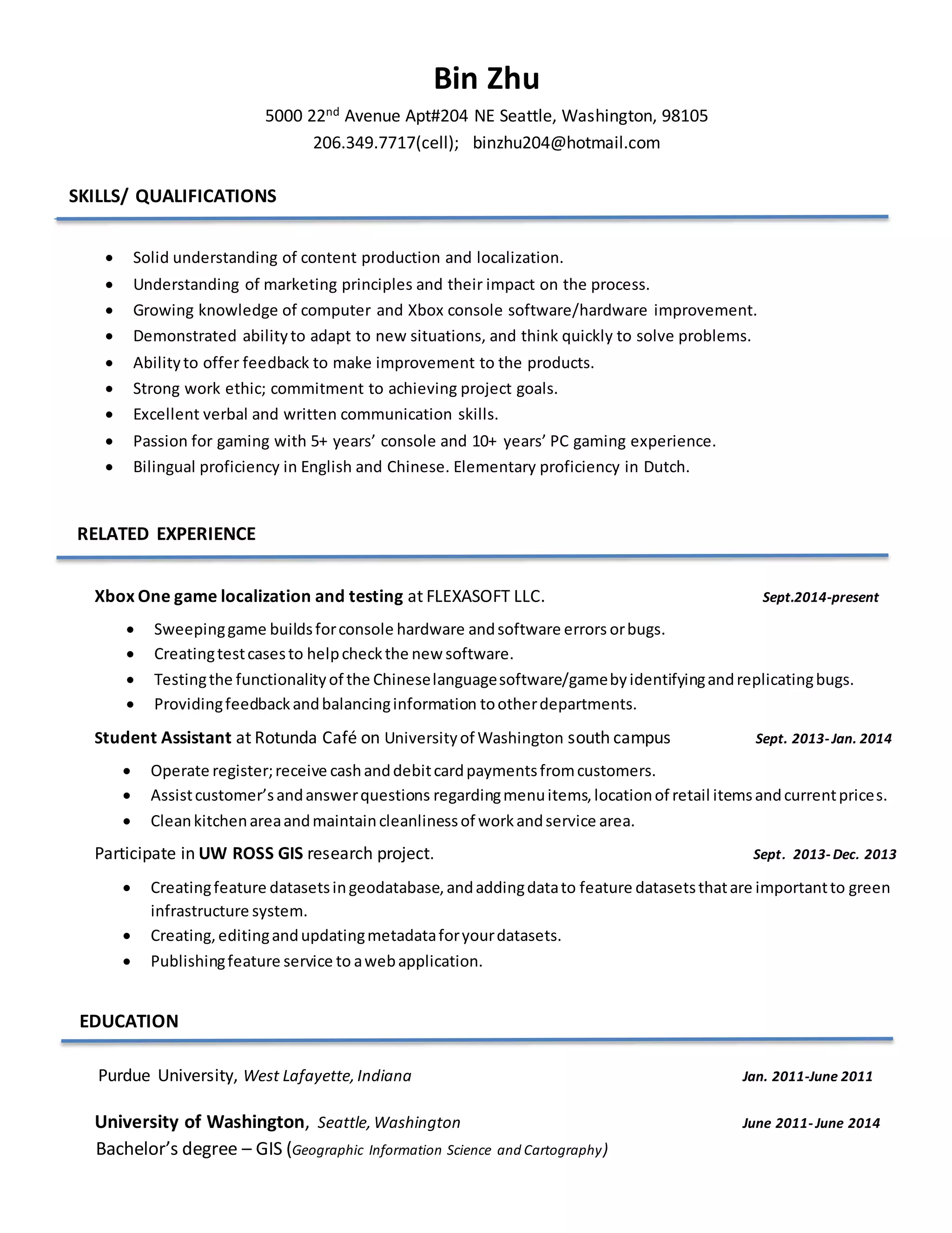 Bin Zhu—Resume-Game | PDF