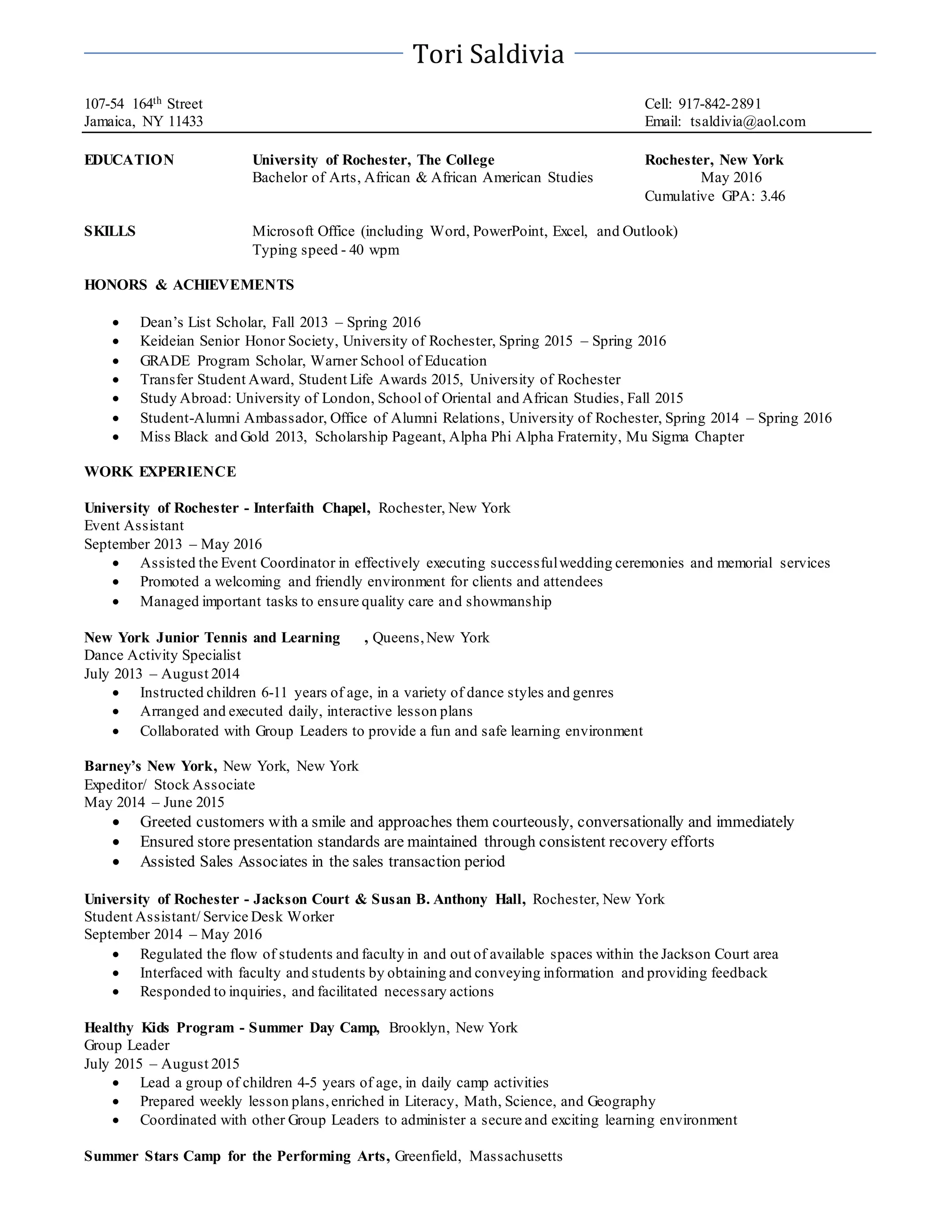 Tori Saldivia Resume (Updated 2016) | DOCX