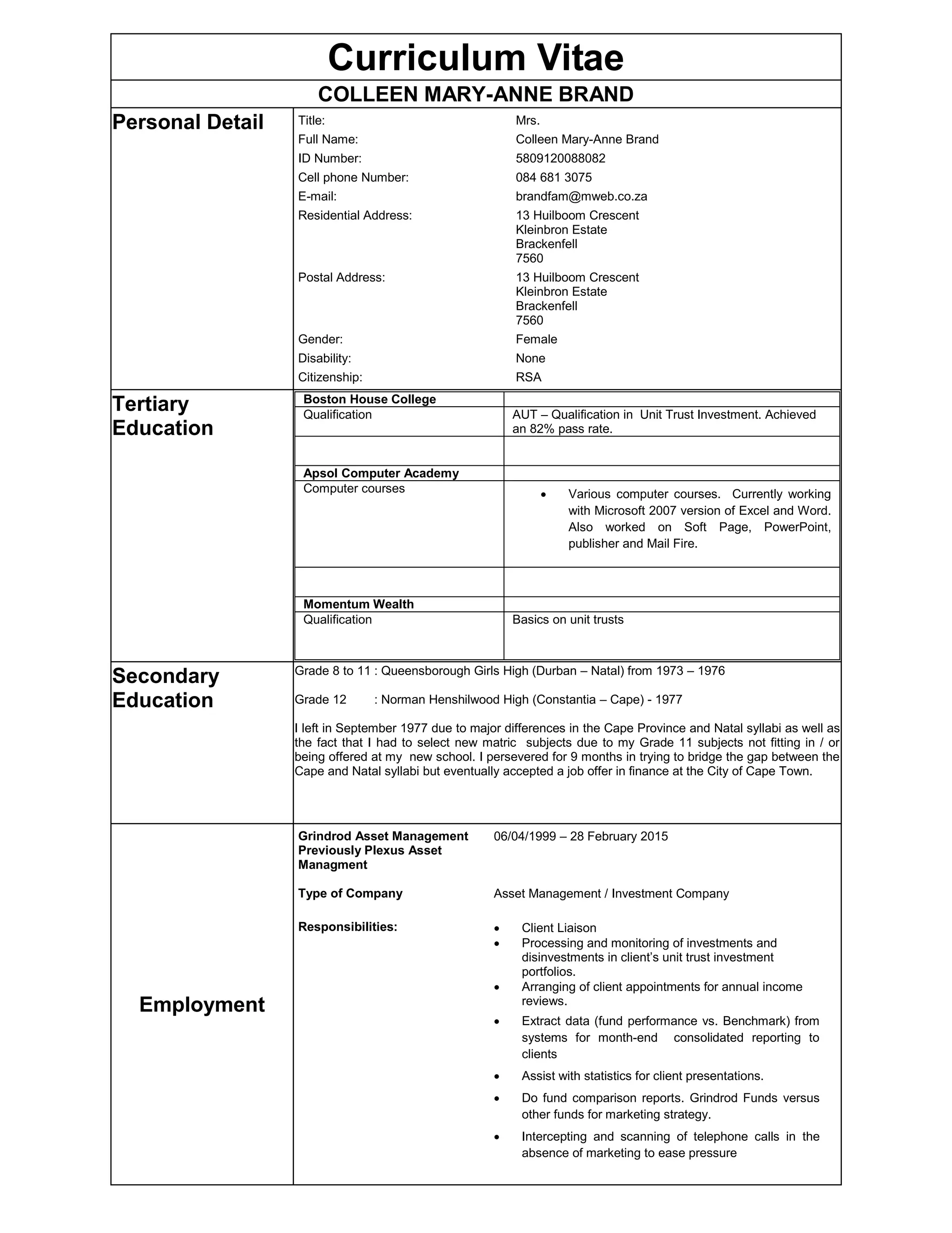 Curriculum Vitae Colleen Brand - 10 March 2015xxxxx | PDF