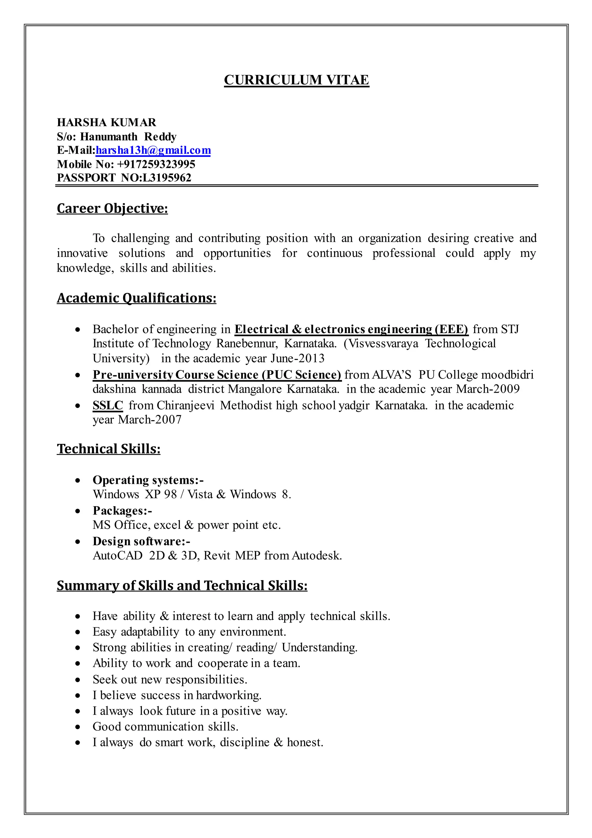 Harsha kumar cv | DOCX | Civil Engineering Industry | Industries