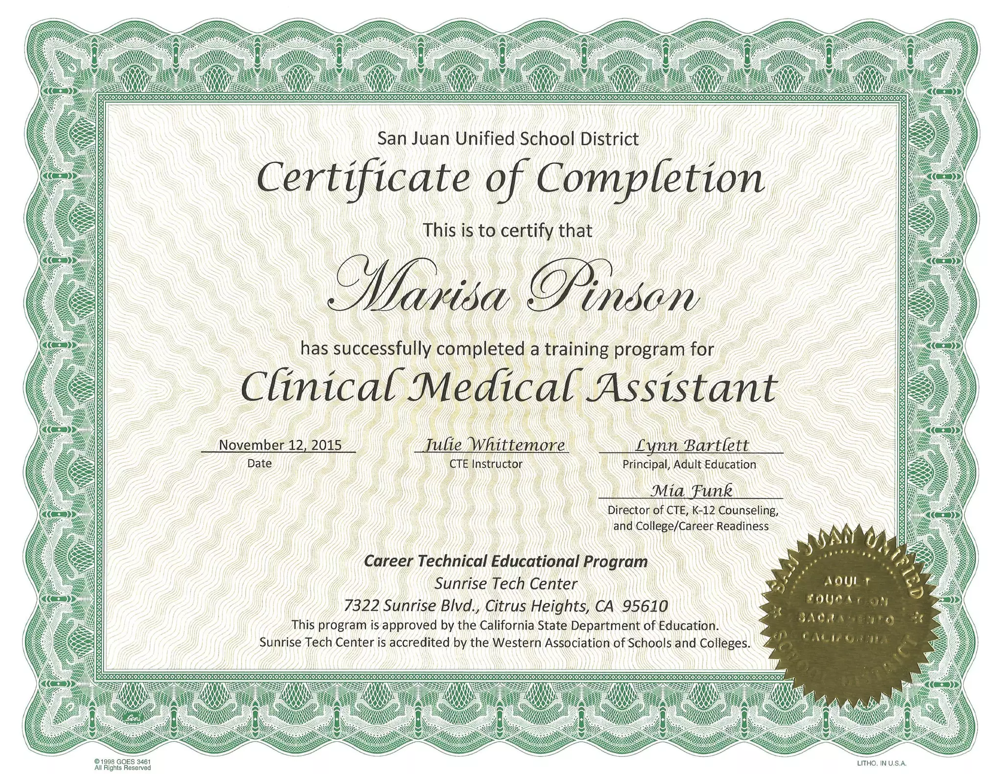 MARISA A. PINSON Clinical Medical Assistant Certificate of Completion ...