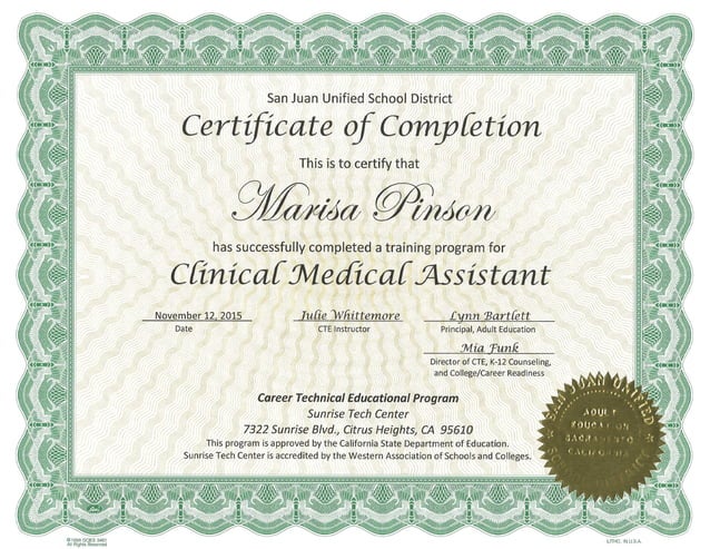 MARISA A. PINSON Clinical Medical Assistant Certificate of Completion ...