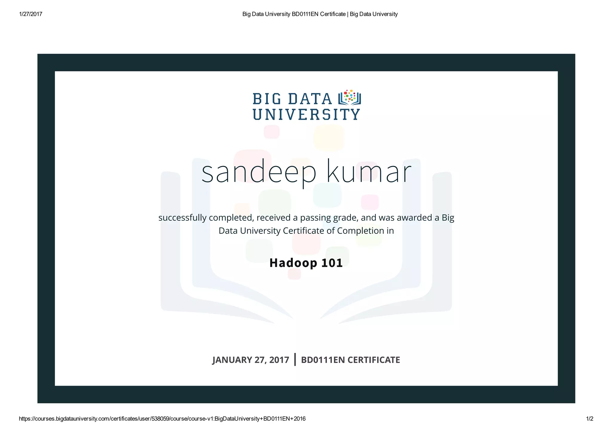 Big Data University BD0111EN Certificate _ Big Data University | PDF
