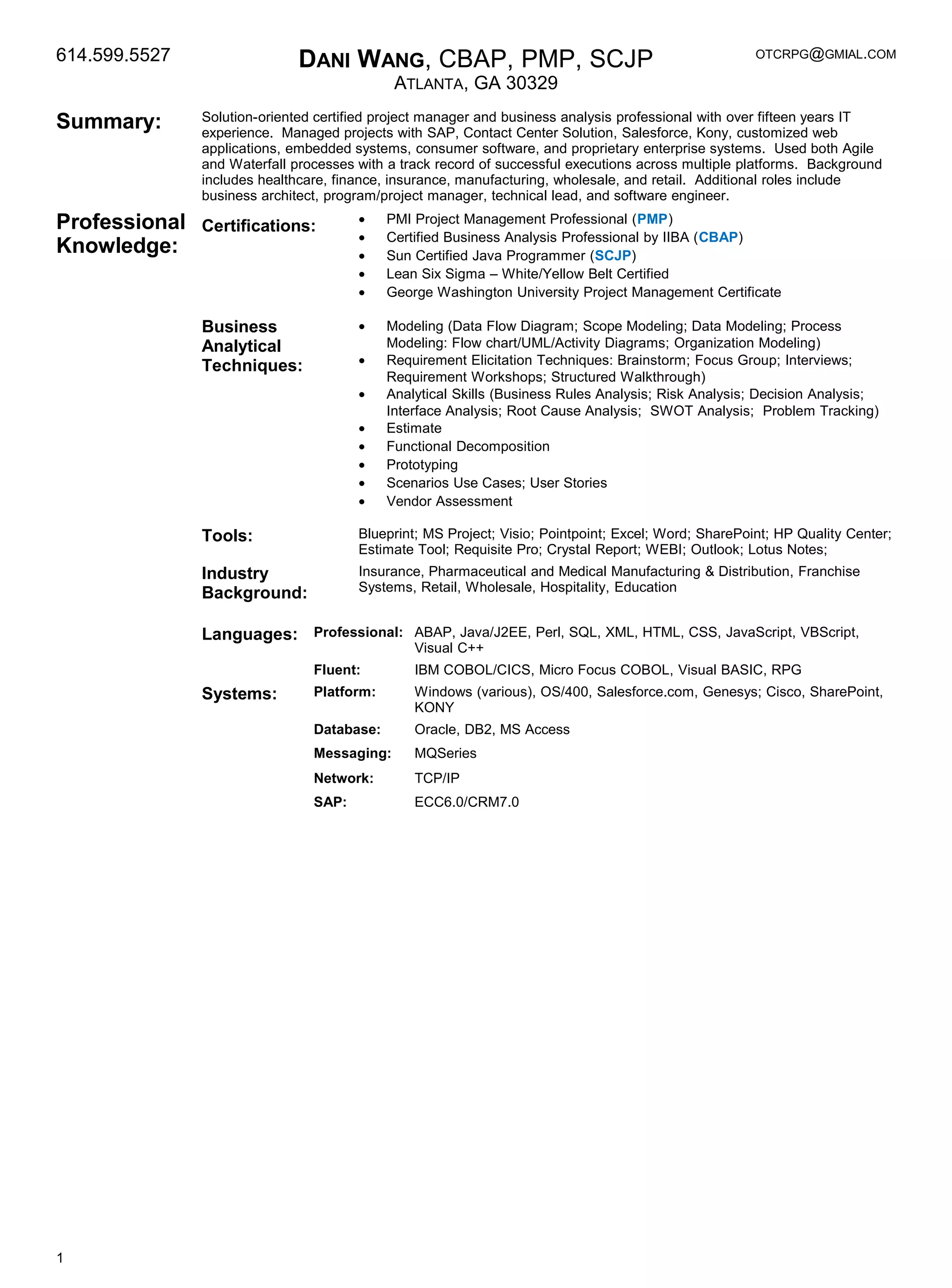 Dani Wang Resume_CBAP_PMP_SCJP_PM_Updated_1 | DOC