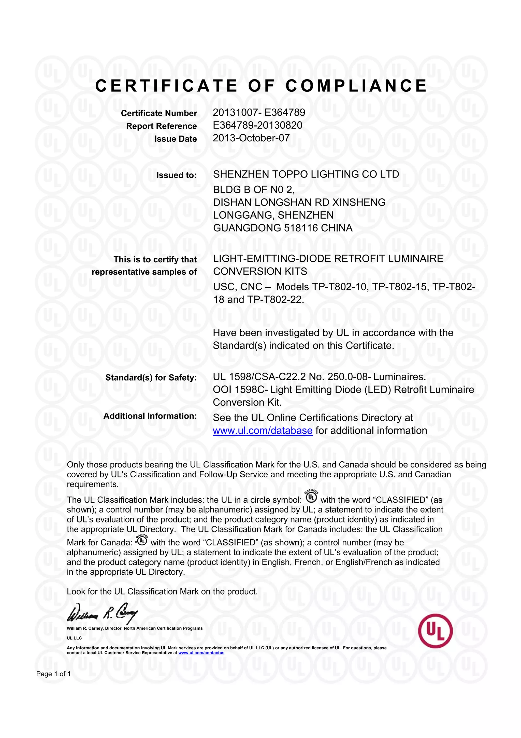 UL certificate for Led tube from Toppo Lighting company | PDF