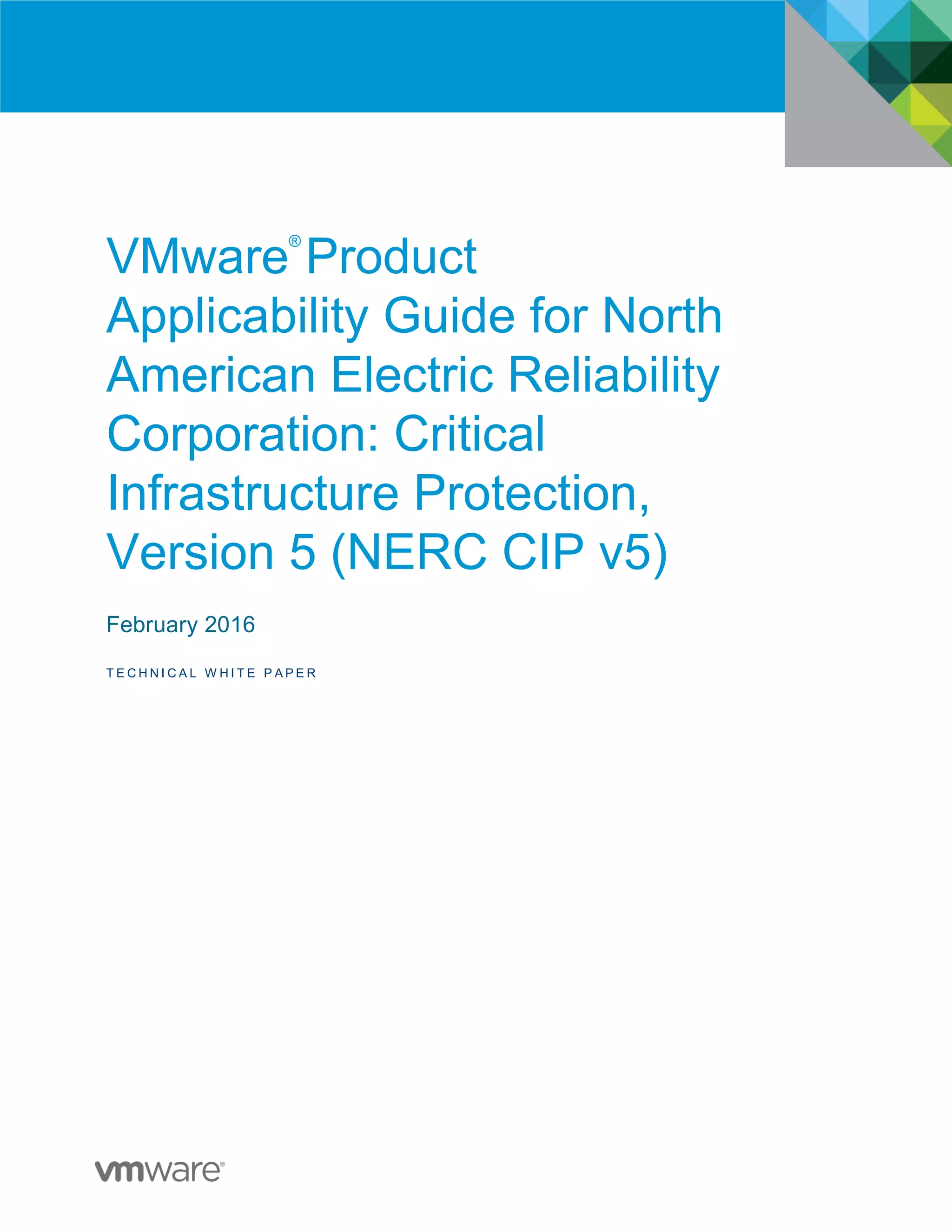 VMware Product Applicability Guide for NERC CIP v5 Final Version 1.0 | PDF