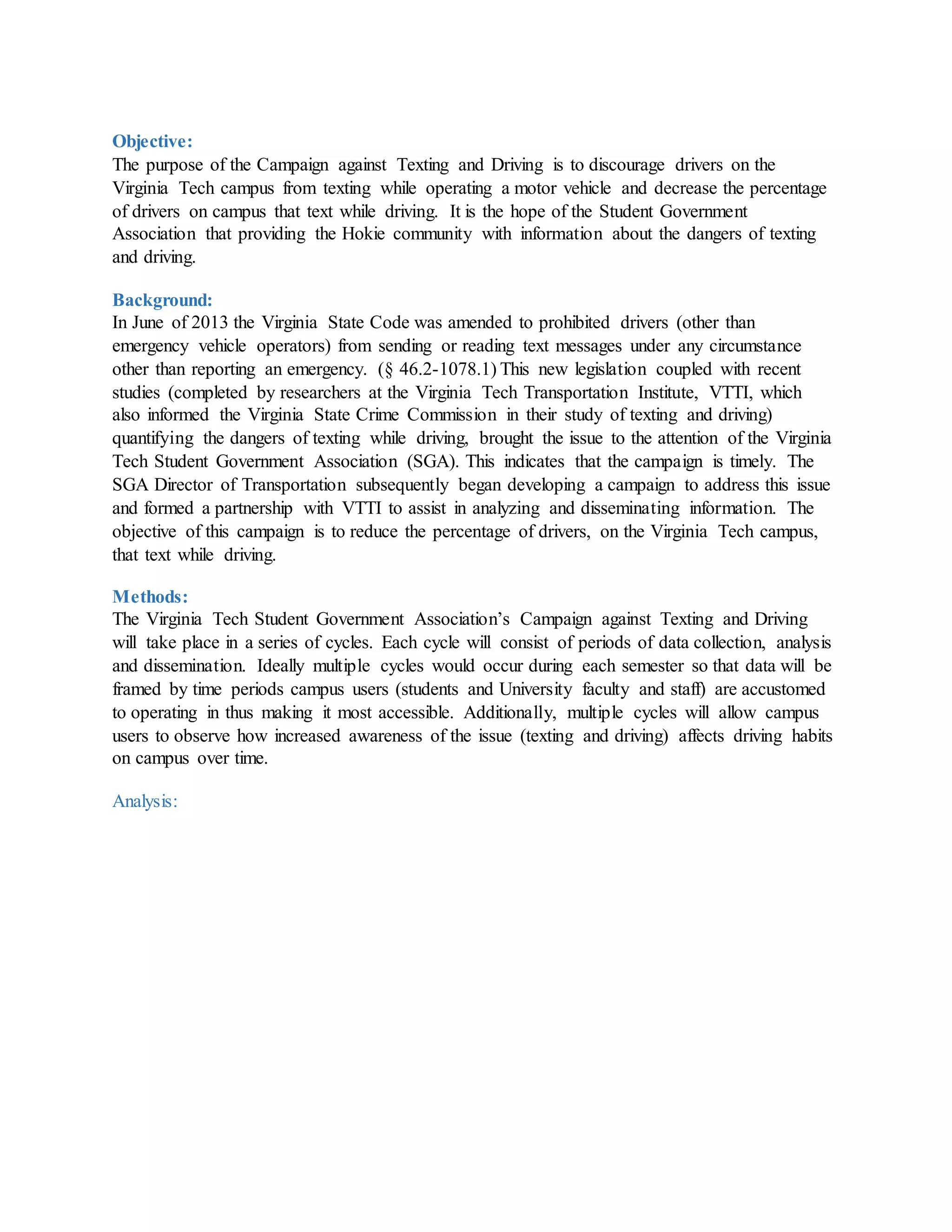 SGA Campaign against Texting and Driving | DOCX