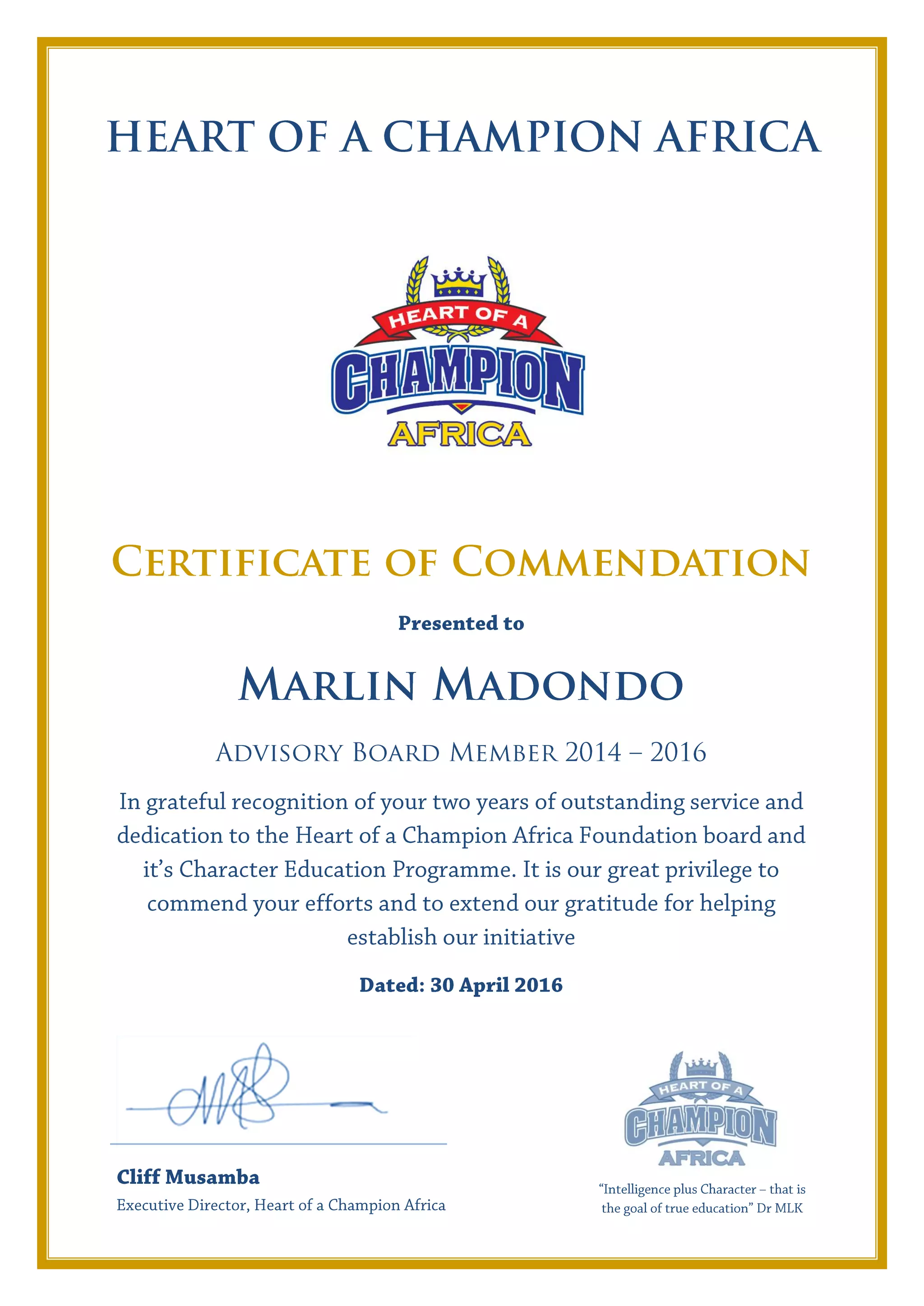 MT Madondo Commendation Letter HOC-A | PDF