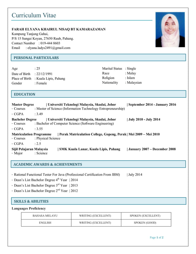 CV-Farah Elyana Khairul Nisaq Bt Kamarazaman | PDF | Programming Languages | Computing