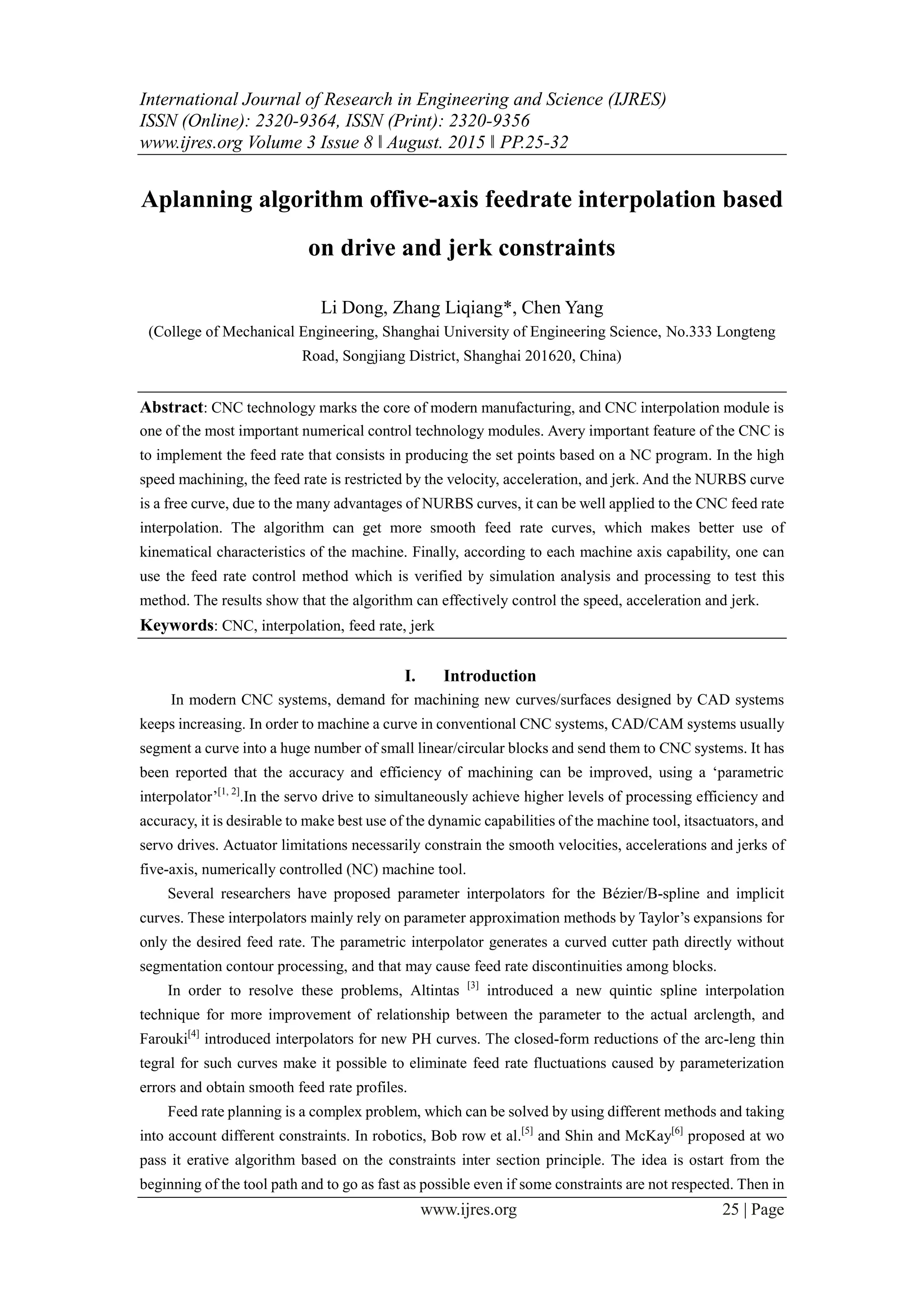 Aplanning algorithm offive-axis feedrate interpolation based on drive and jerk constraints | PDF