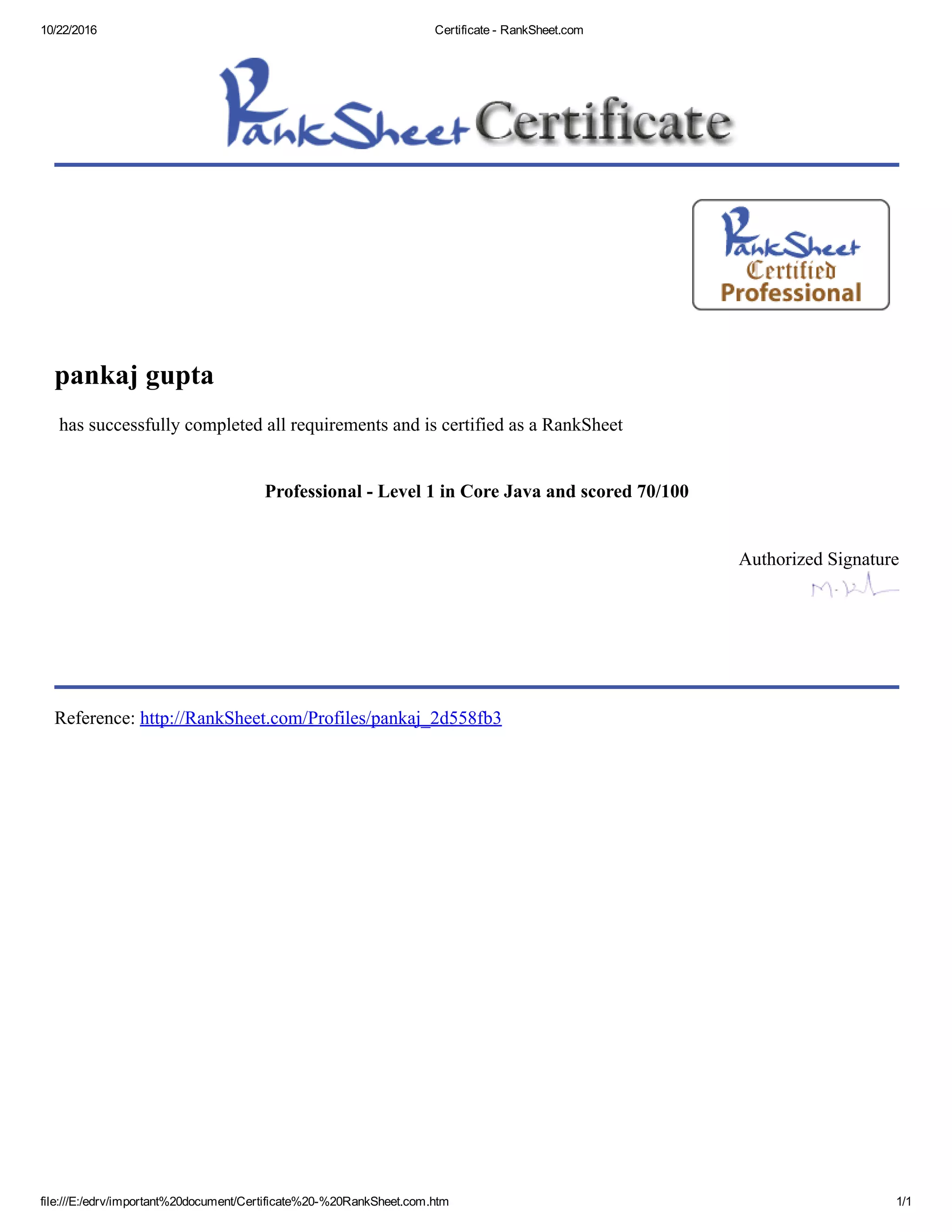 Certificate - RankSheet | PDF