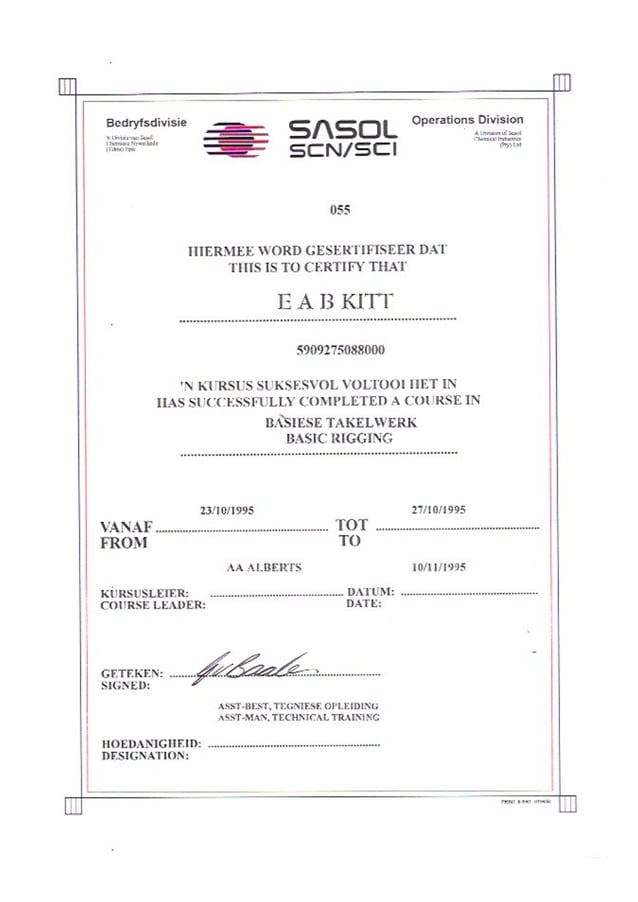 SASOL SCN:SCI - Basic Rigging Certificate | PDF