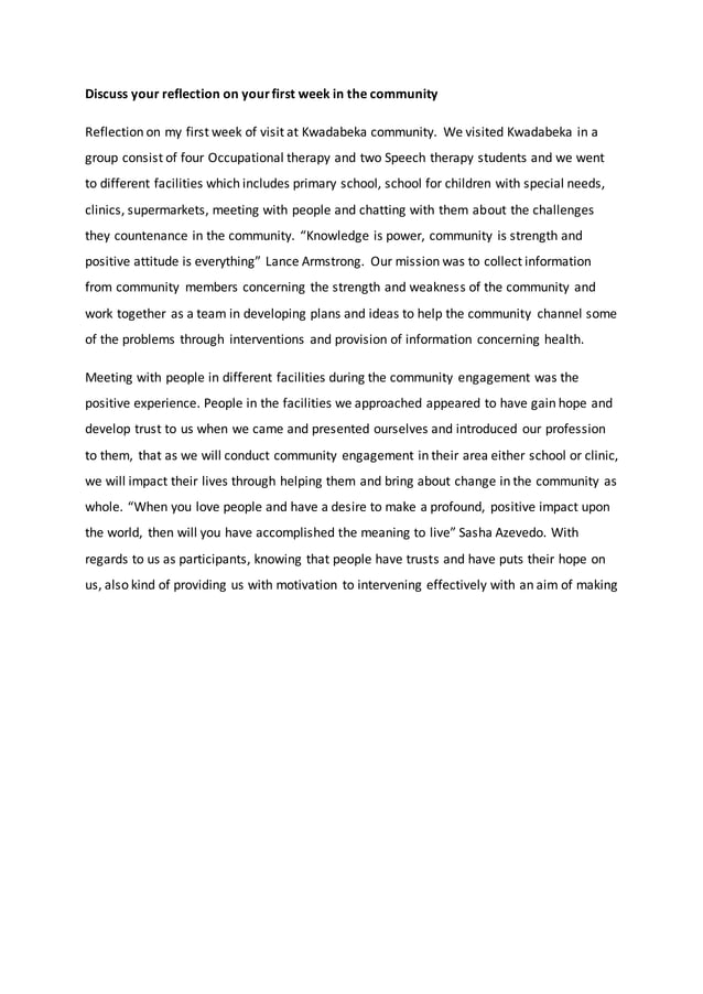 Discuss your reflection on your first week in the community | PDF