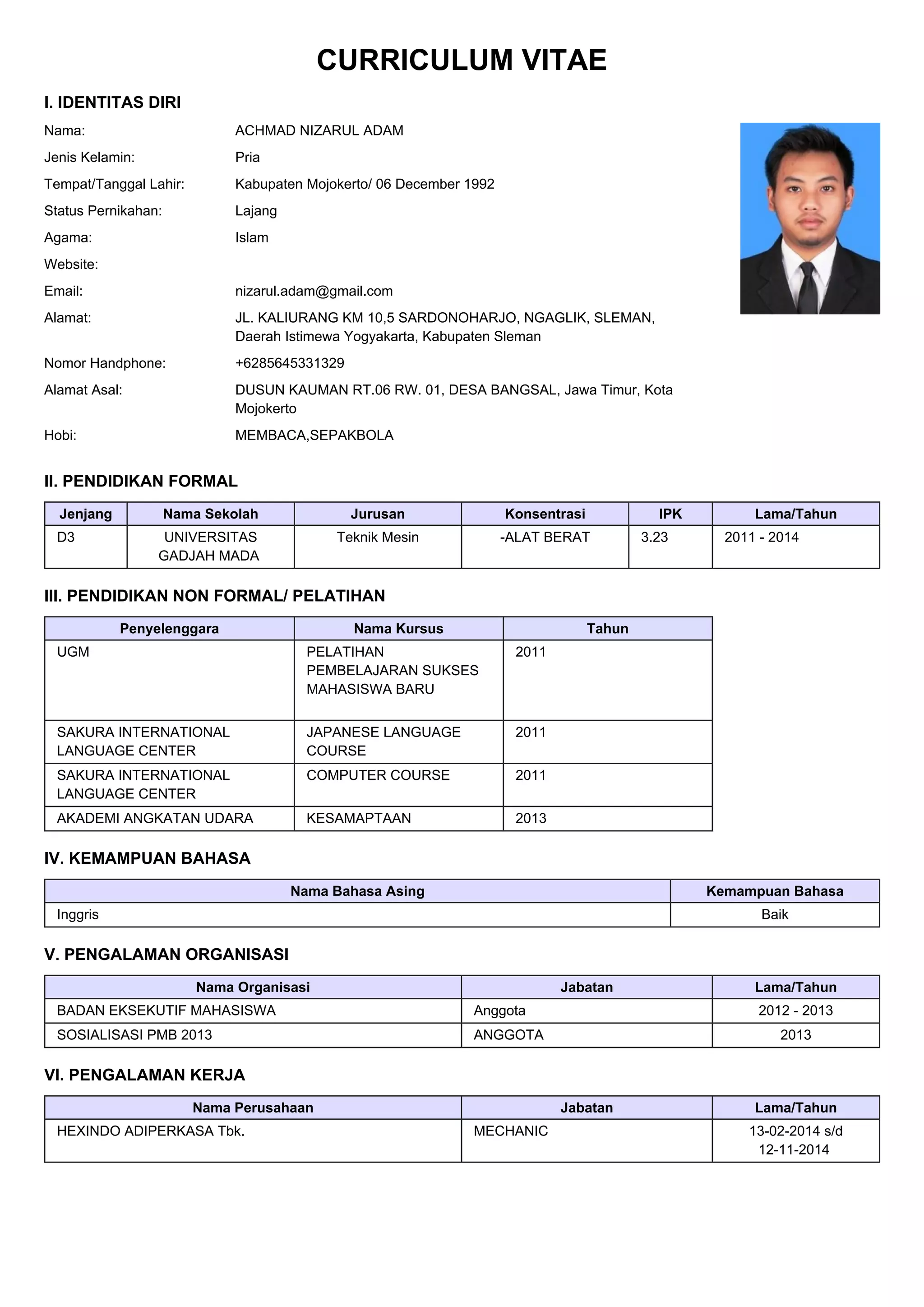 CV ACHMAD NIZARUL ADAM | PDF