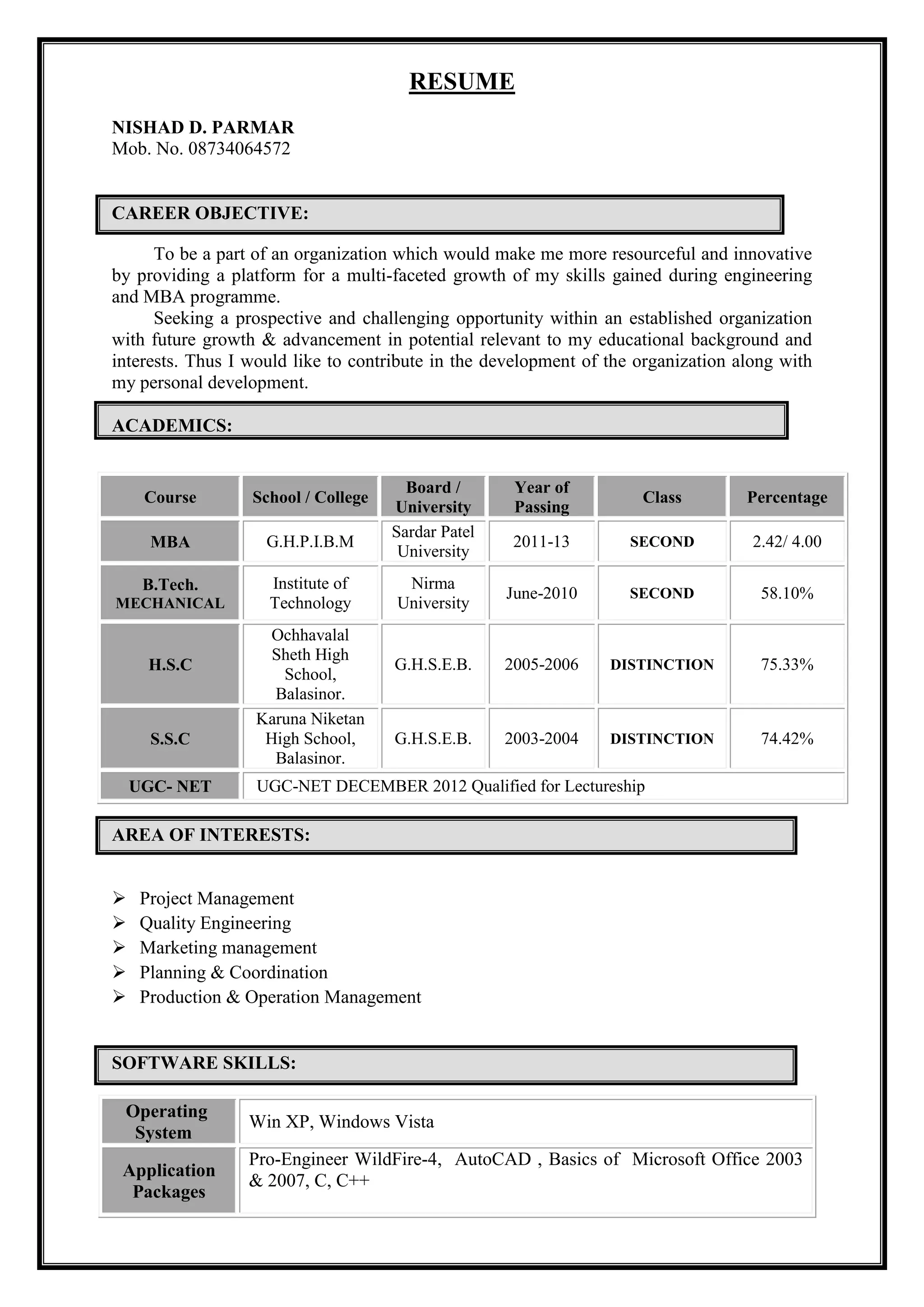 NISHAD RESUME (B.tech. Mechanical + MBA) | PDF
