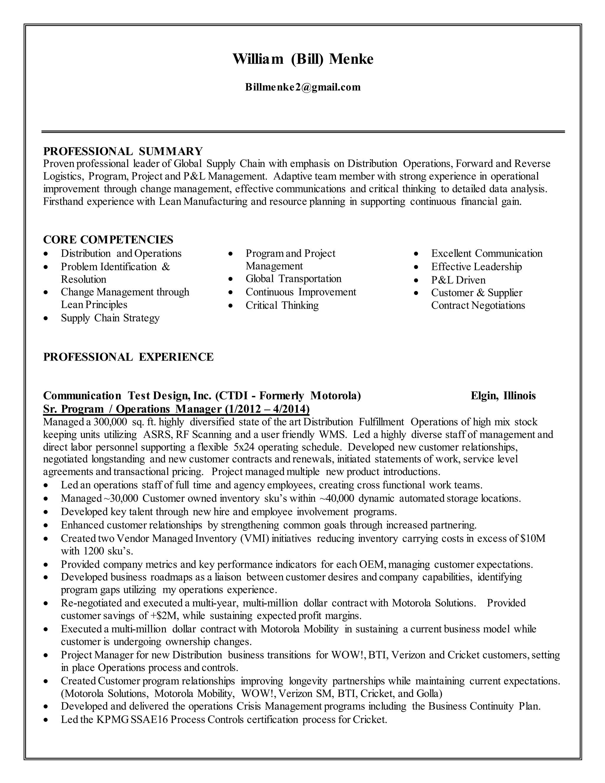 William Menke Sr Operations Manager Resume | PDF
