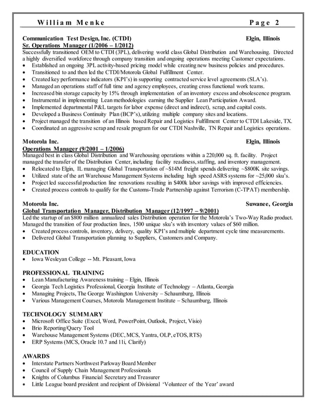 William Menke Sr Operations Manager Resume | PDF