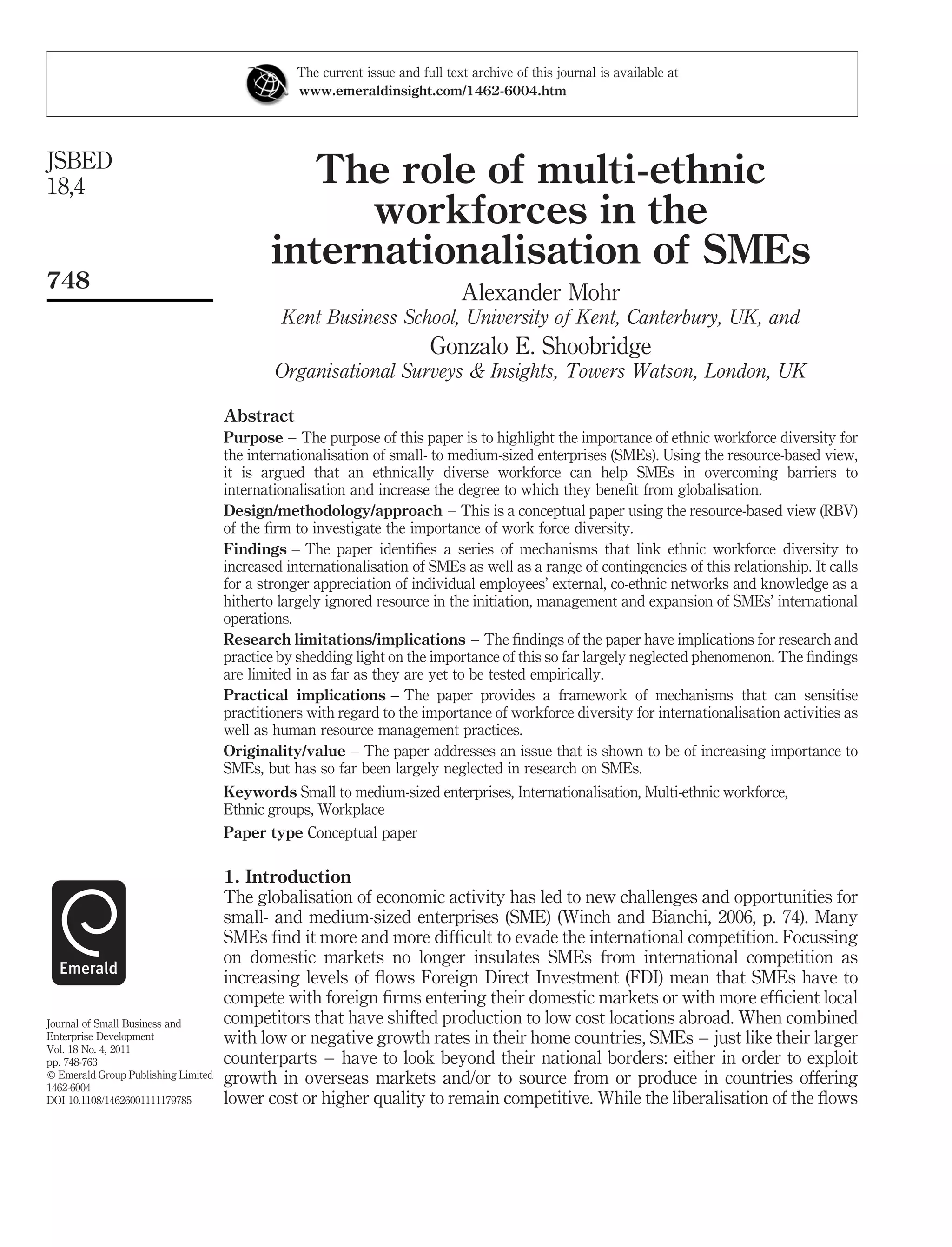 The role of multi-ethnic workforces in the internationalisation of SMEs ...