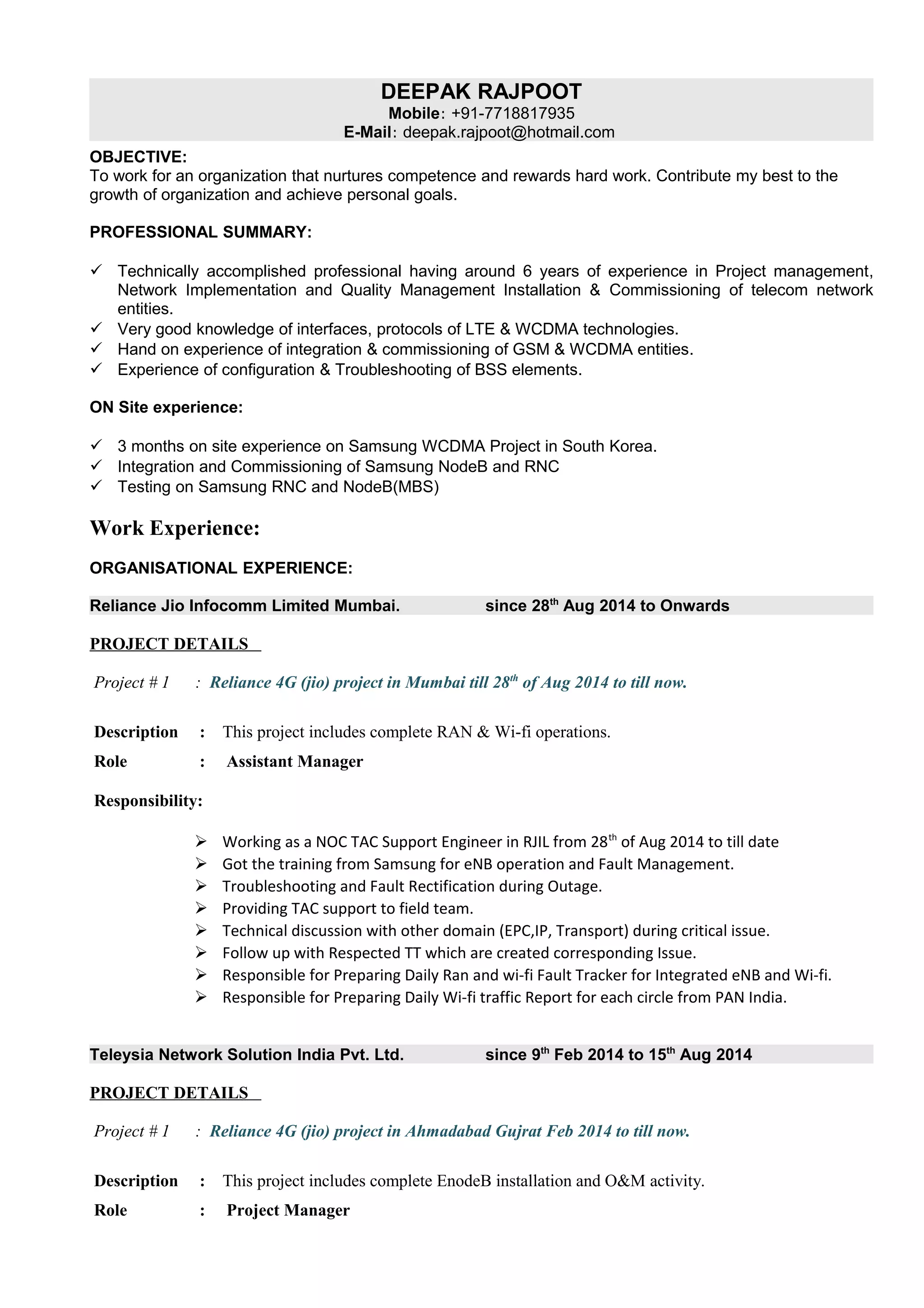 Deepak Rajpoot_Resume (RAN Engg.) | DOC