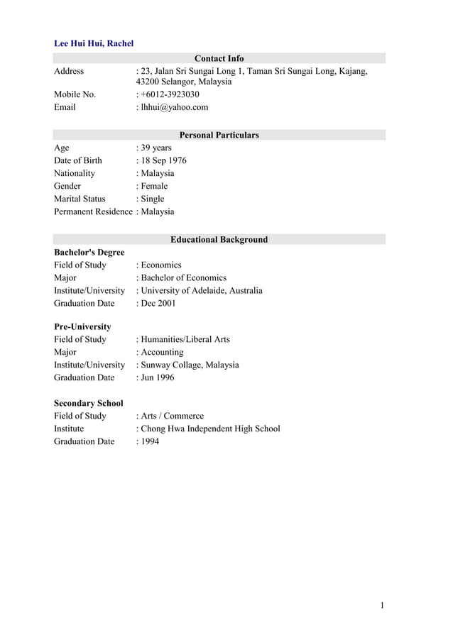 LeeHuiHui's resume (MY) | PDF