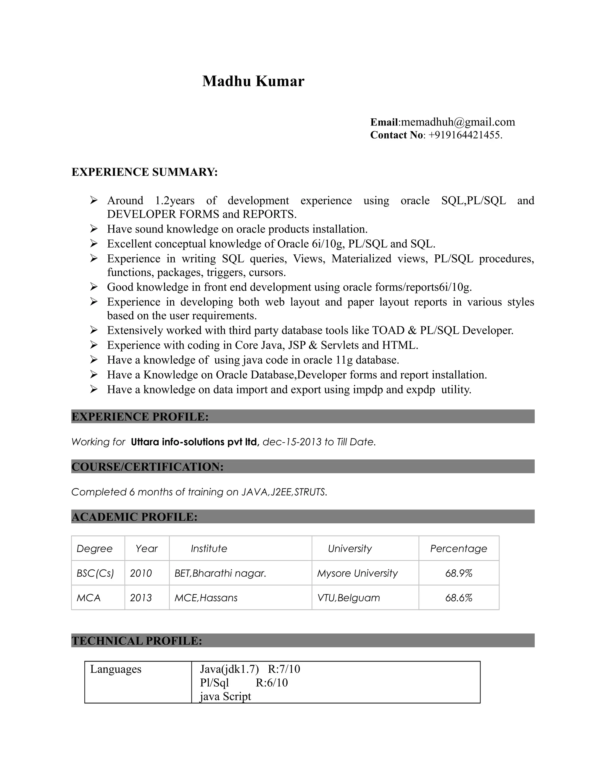 madhu_PLSQL_1+yrs_exp_resume | PDF