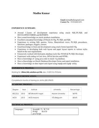 madhu_PLSQL_1+yrs_exp_resume | PDF