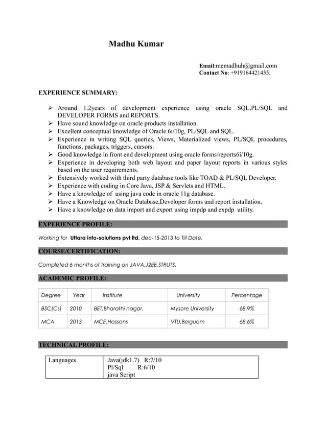 madhu_PLSQL_1+yrs_exp_resume | PDF