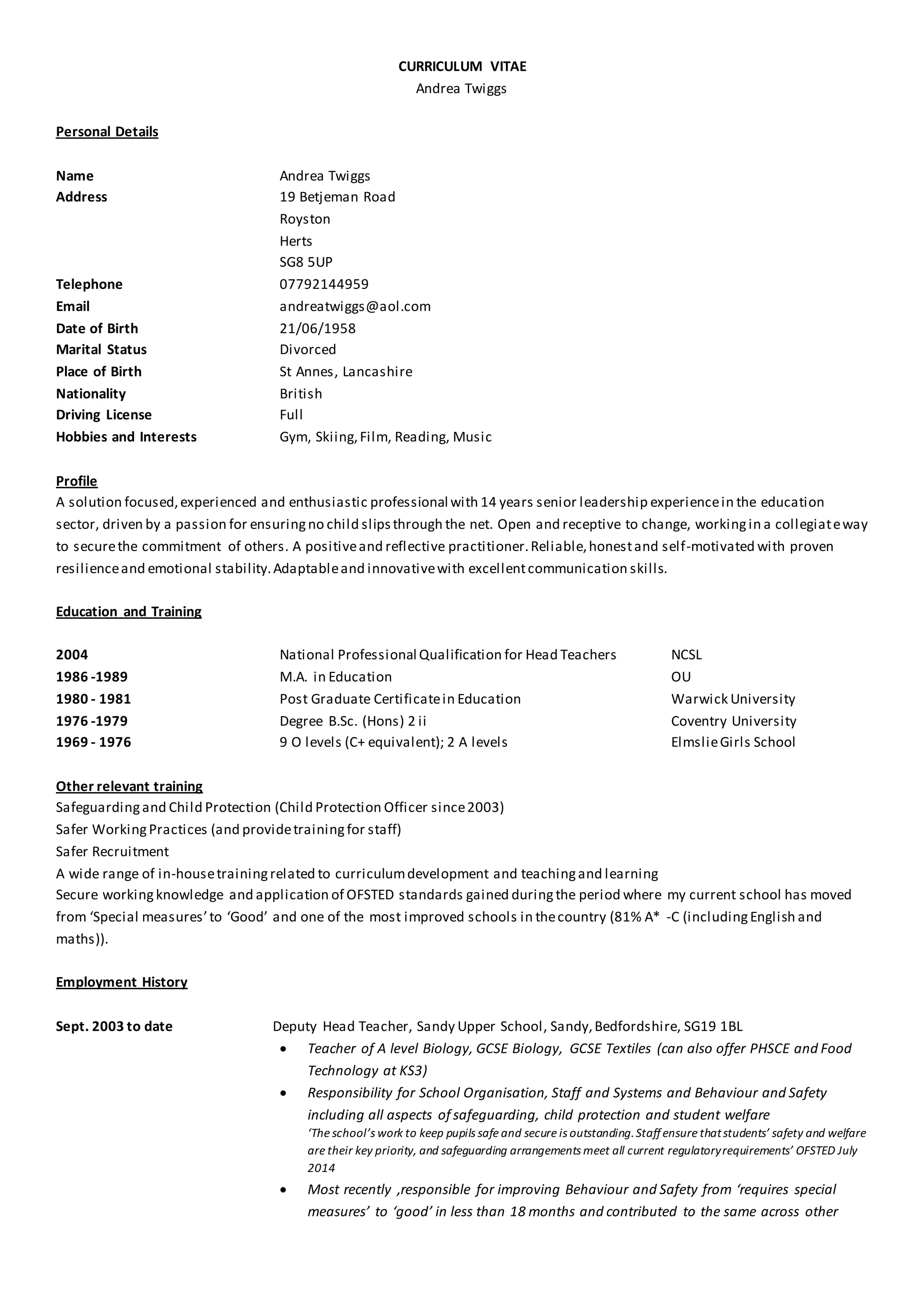 Andrea Twiggs CURRICULUM VITAE February 4th 2015 | DOCX