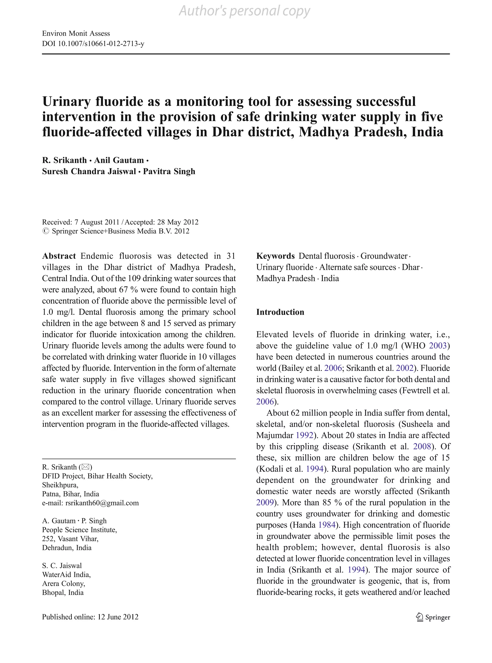 urinary published paper Dhar fluoride (1) | PDF | Dental Health ...