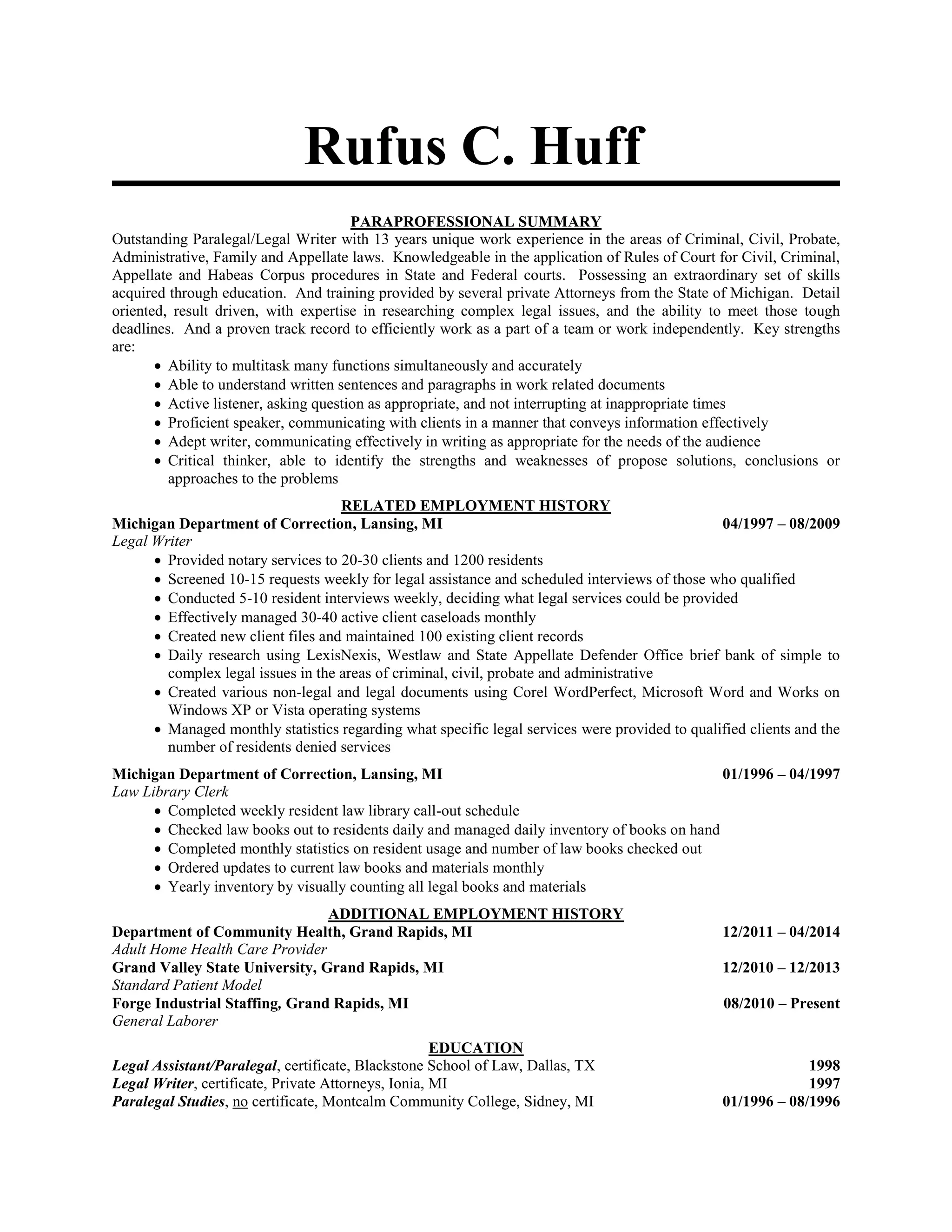Huff, Rufus Paralegal Resume | PDF